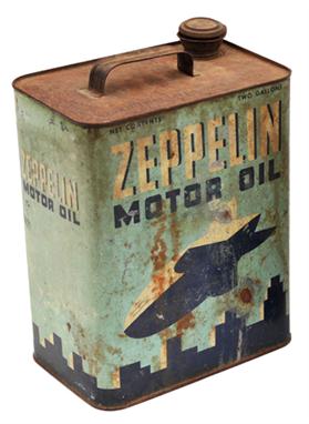 A 2-Gallon Can for `Zeppelin Motor Oil`. With dark blue & white ...