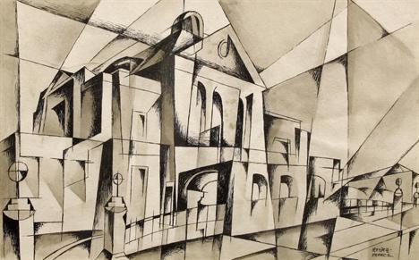 By Pleydell Pearce - a cubist architectural drawing, signed, pen and ...