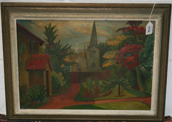 Henry Collins oil on canvas in frame - view of Lexden Church 1942 ...