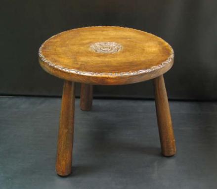 Harry Tonkin carved oak three legged stool, with carved rose decoration ...