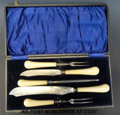 Ivory-handled and silver-collared cased carving set by Thomas Turner ...